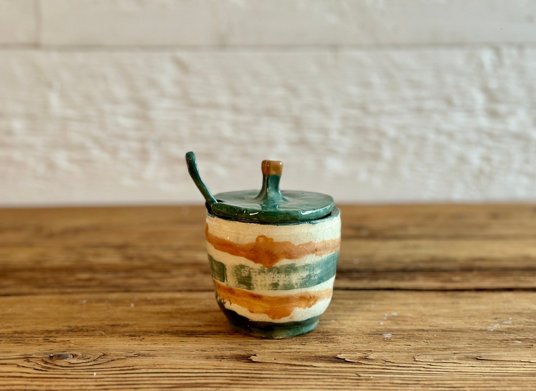 Vintage Hand-made Ceramic Jam Jar, With Lid and Spoon, Green and ...