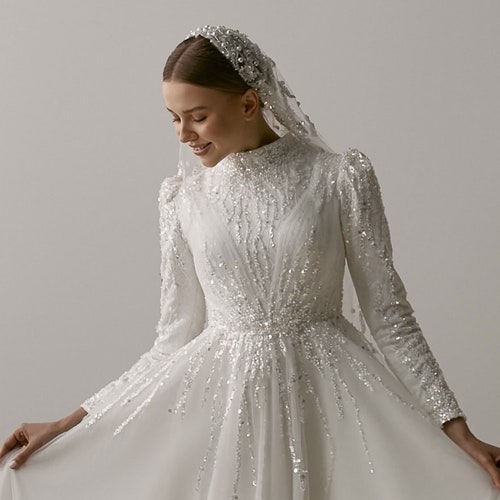 Modest Muslim Wedding Dress Hijab Beaded Tulle A Line Long Etsy
