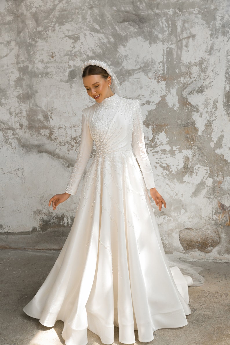 Elegant Muslim Wedding Dress Hijabi Satin And Beaded Lace Etsy