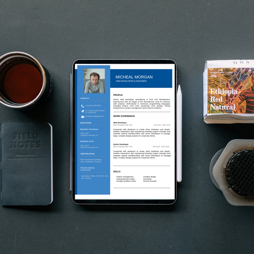 Modern 1 Page Resume Template With Photo for Google Drive - Etsy