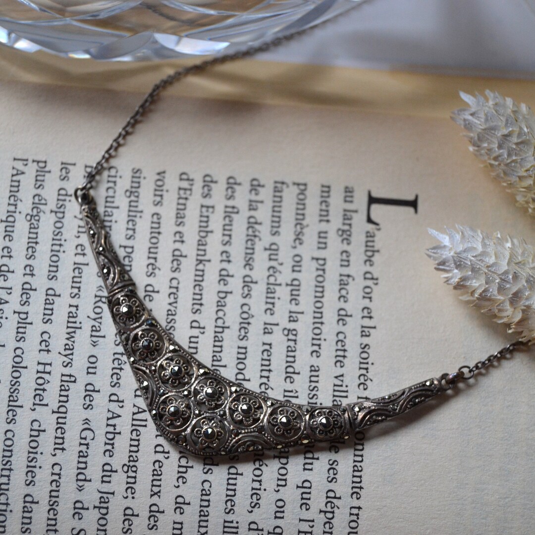 Vintage 1930s Marcasite Silver Choker Necklace: Art Deco Floral Bridal ...