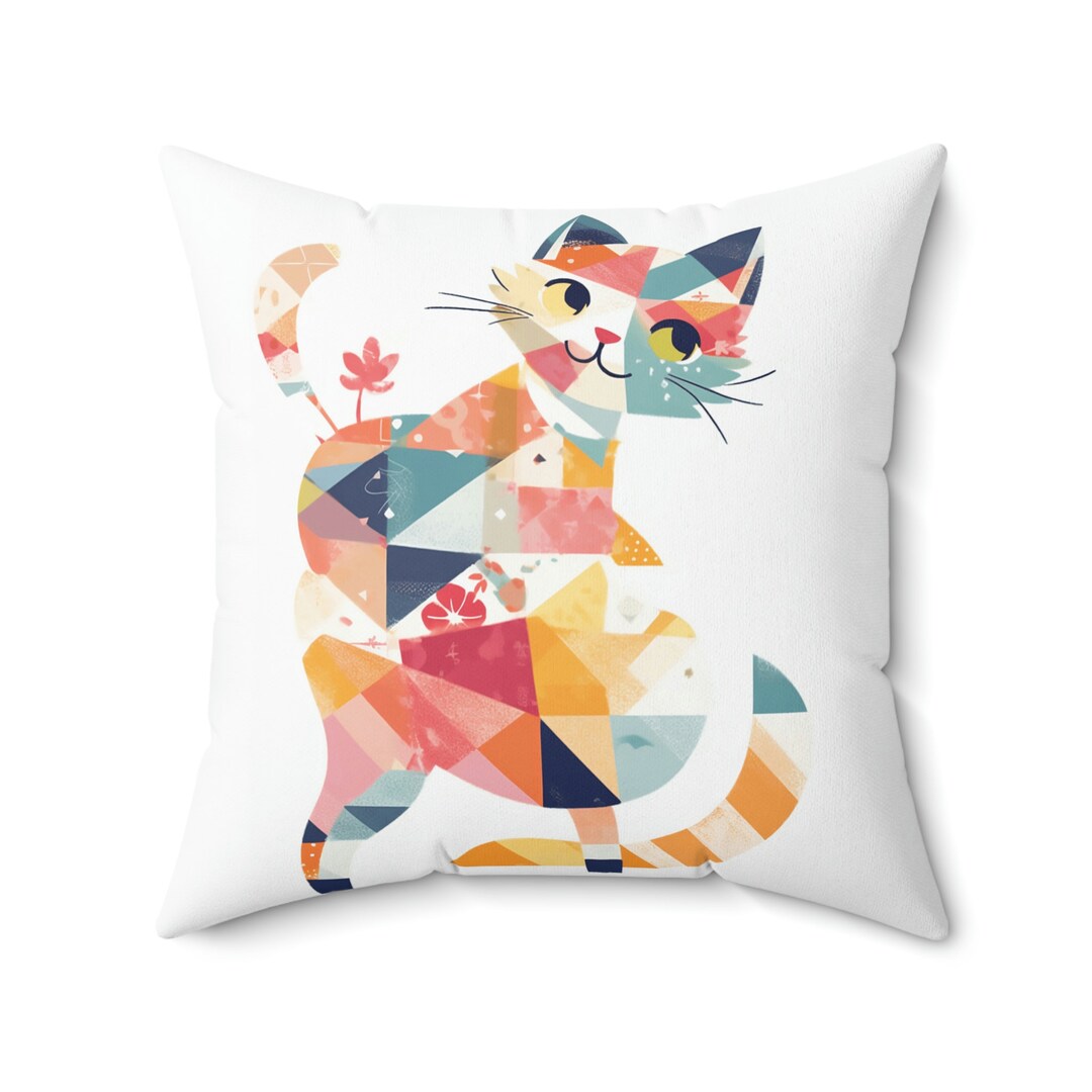 Cute Artsy Cat Design Pillow, Quilt Patchwork Tabby Cat, Mother's Day ...