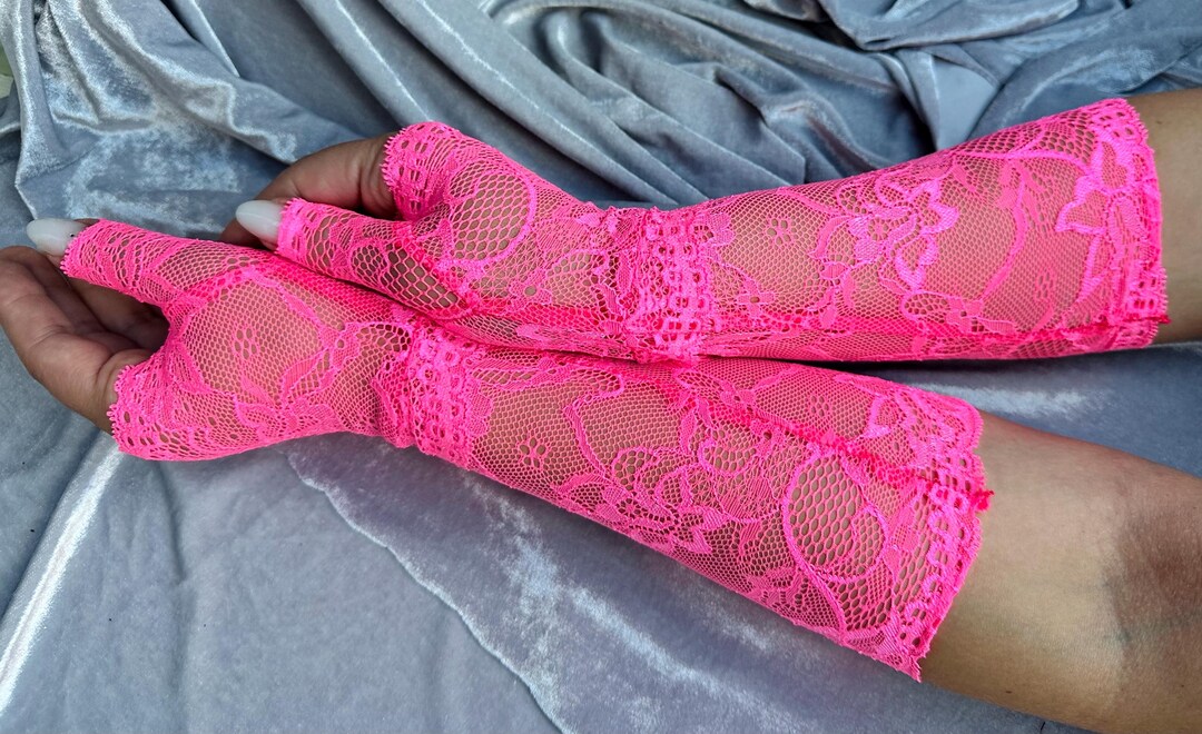 Mid Arm Length All Bright Neon Pink Lace Fingerless Gloves - Etsy