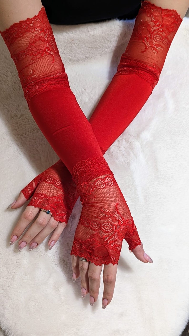 Red Lace Long Fingerless Gloves - Etsy