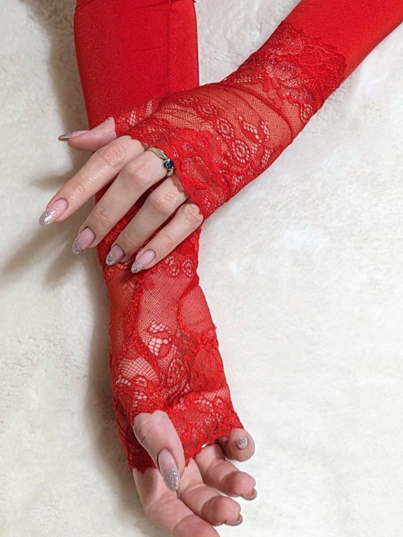 Red Lace Long Fingerless Gloves - Etsy