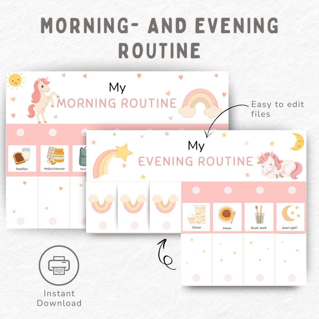 Morning and Evening Routine Chart for Kids Unicorn, Visual Schedule for ...
