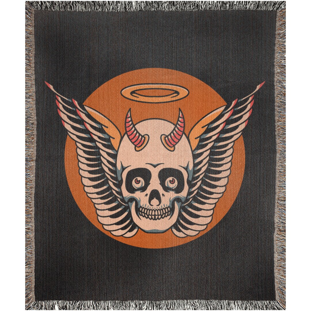 Angel Devil Skull Traditional Tattoo Style Woven Fringe Blanket // Wall ...
