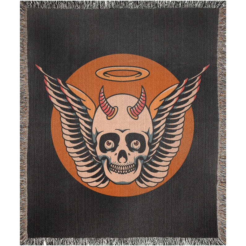 Angel Devil Skull Traditional Tattoo Style Woven Fringe Blanket // Wall ...