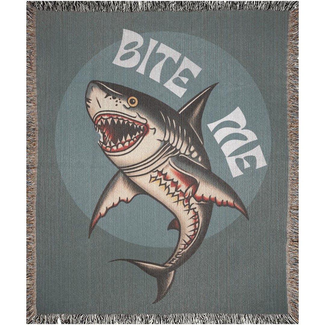 Bite Me Shark Blue Traditional Tattoo Style Woven Fringe Blanket ...