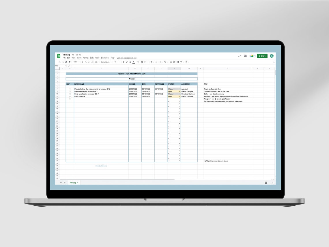 Construction PRO - RFI Log Spreadsheet - Google Sheets - Etsy