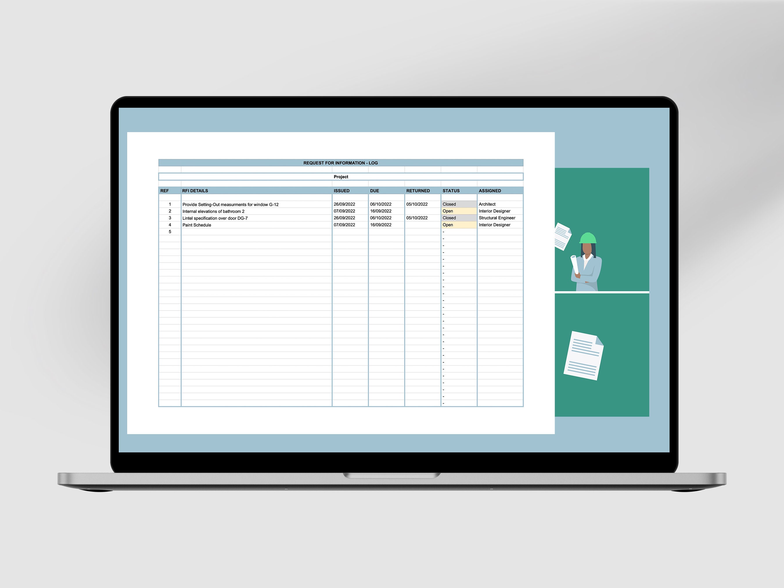 Construction PRO - RFI Log Spreadsheet - Google Sheets - Etsy