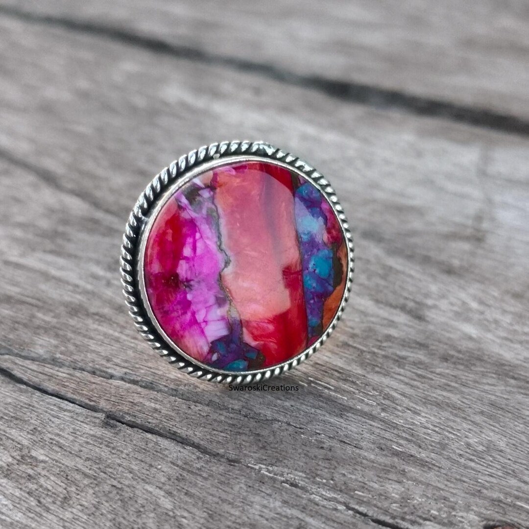 Kingman Pink Dahlia Turquoise Ring Oyster Turquoise Ring Pink Spiny ...