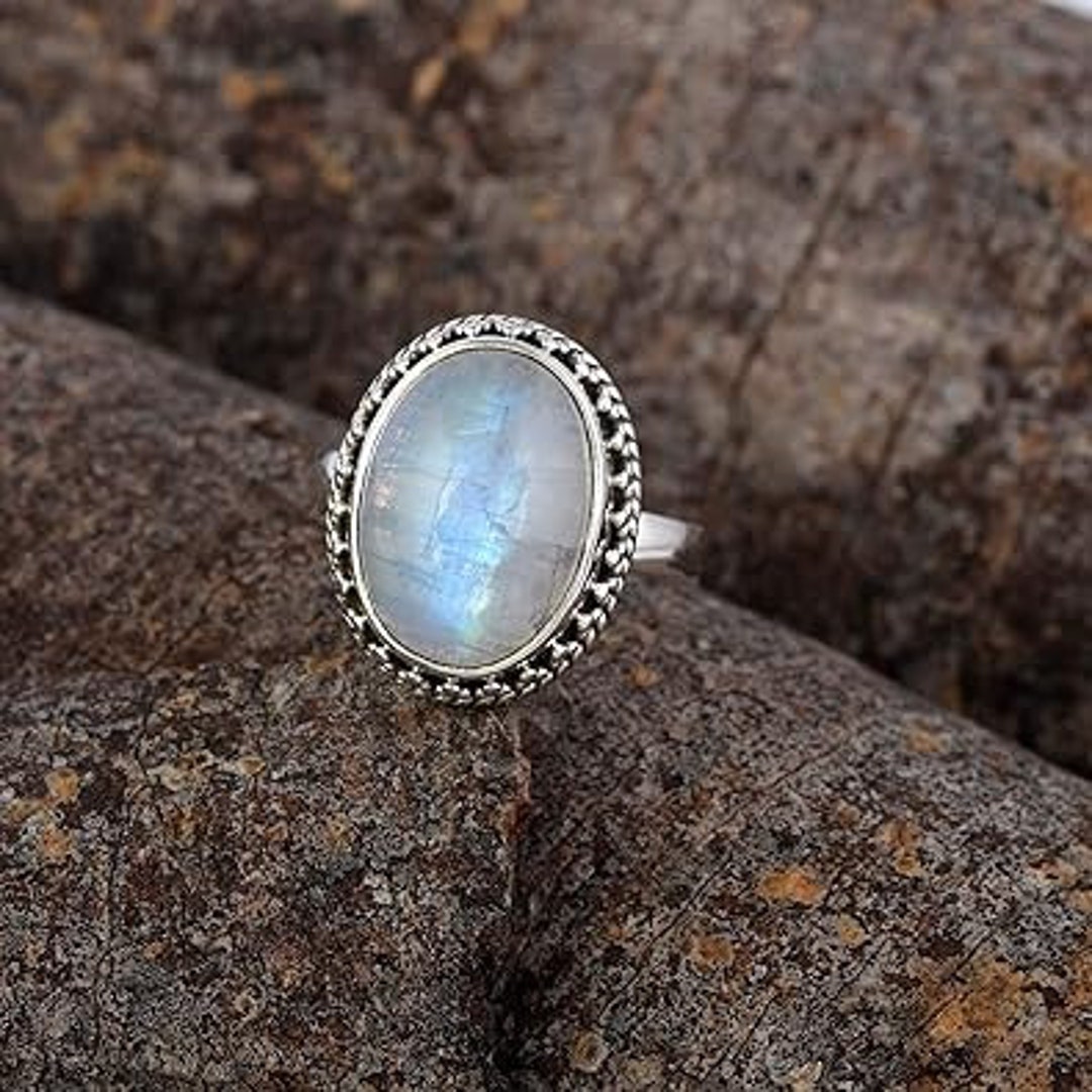 Natural Rainbow Moonstone Ring, Blue Fire Moonstone Ring, Oval ...