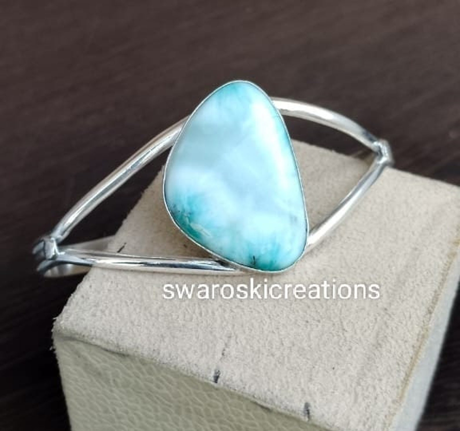 Natural Larimar Bangle, Adjustable Bangle, 925 Sterling Silver Bangle ...