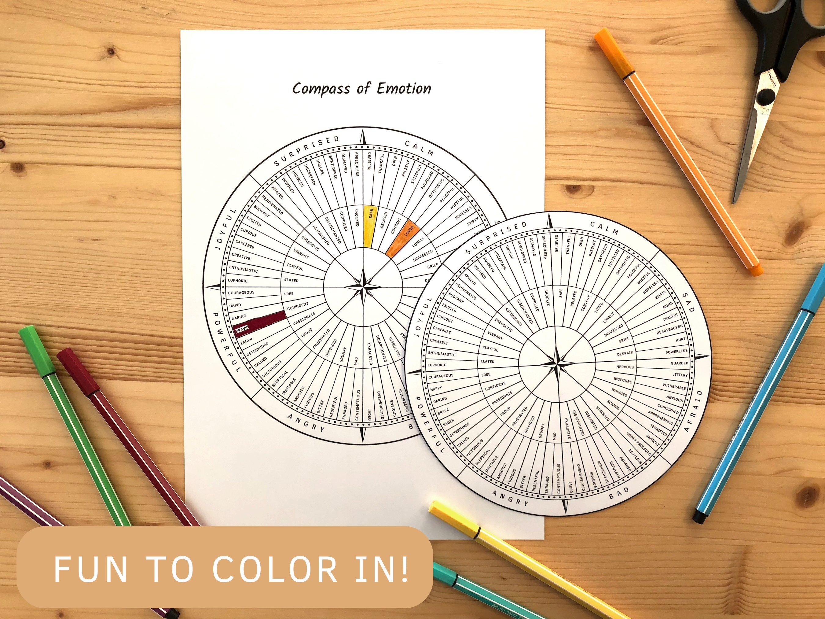 Feelings Wheel Worksheet: Compass of Emotion, Mental Health (digital ...
