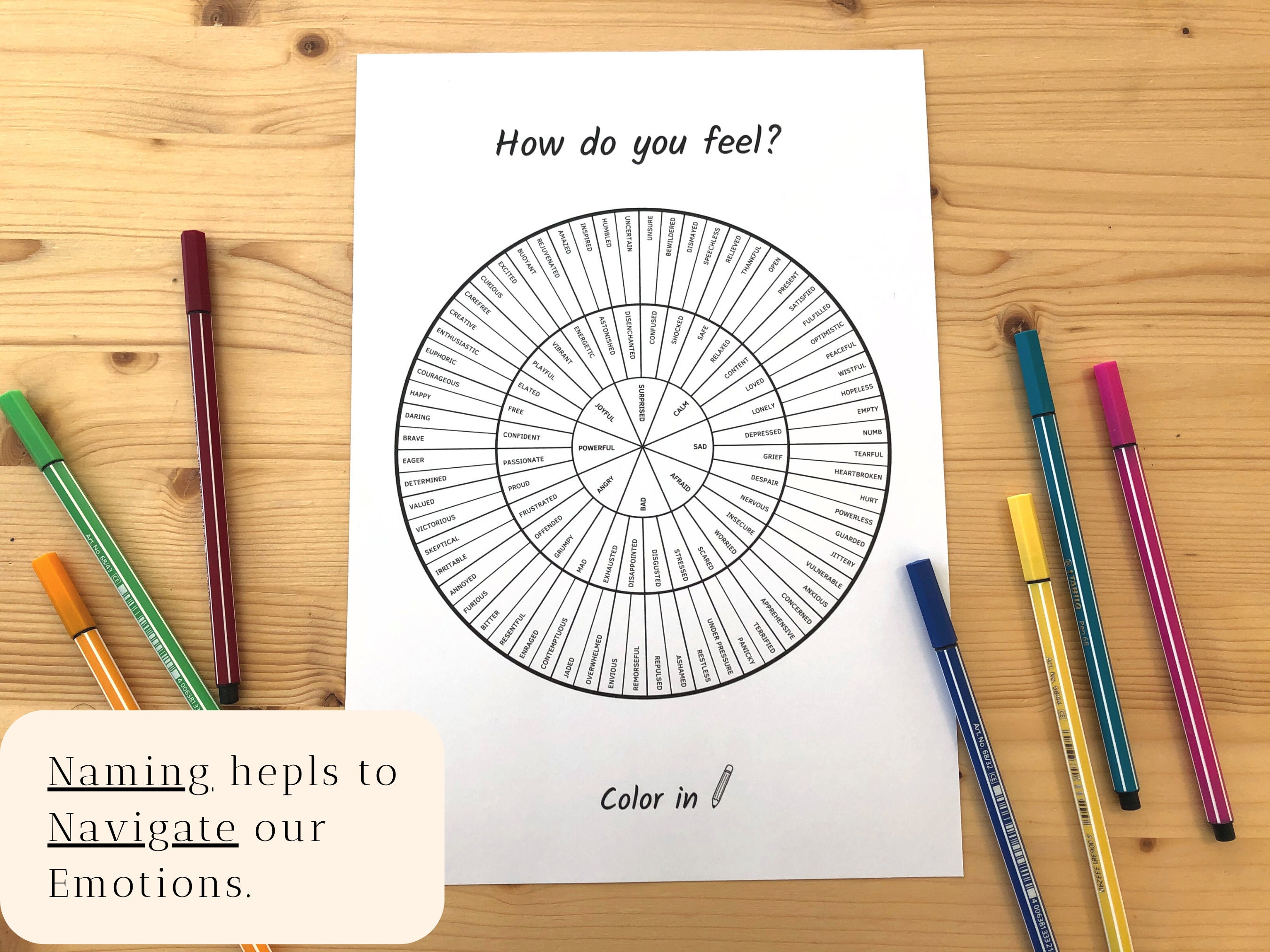 Feelings Wheel Worksheet: 104 Emotions, Mental Health (digital Download ...
