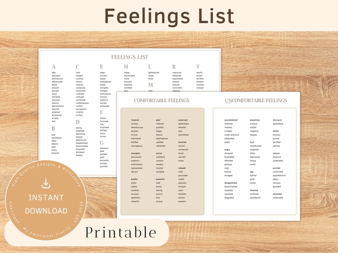 FEELINGS LIST | Digital Download | for Journaling, Coaching, Therapy - Etsy