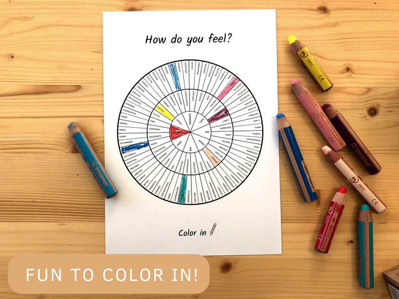 Emotions Wheel Worksheet to COLOR IN Feelings Wheel With 104 - Etsy