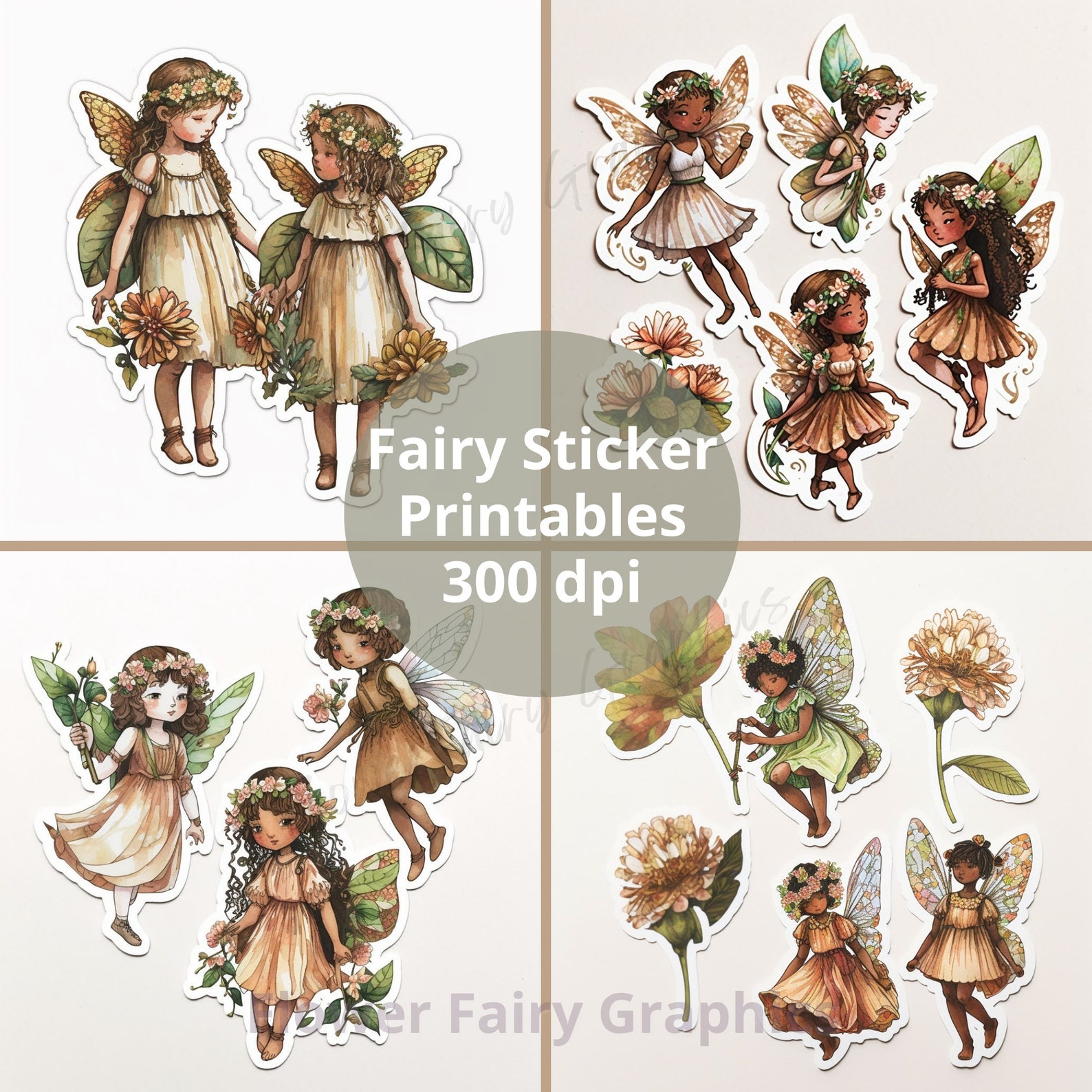 Flower Fairy Stickers Watercolor Clipart Printable Junk Journal Art