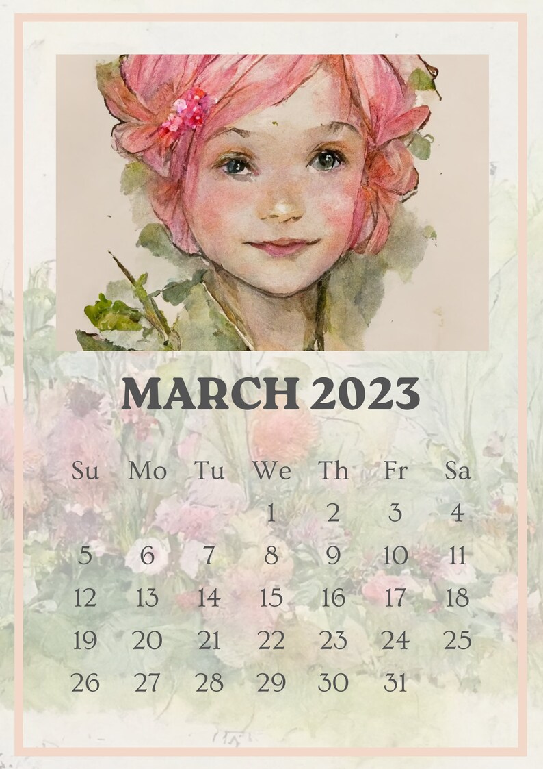 Flower Fairy Printable 2023 Wall Calendar, Instant Digital Download ...