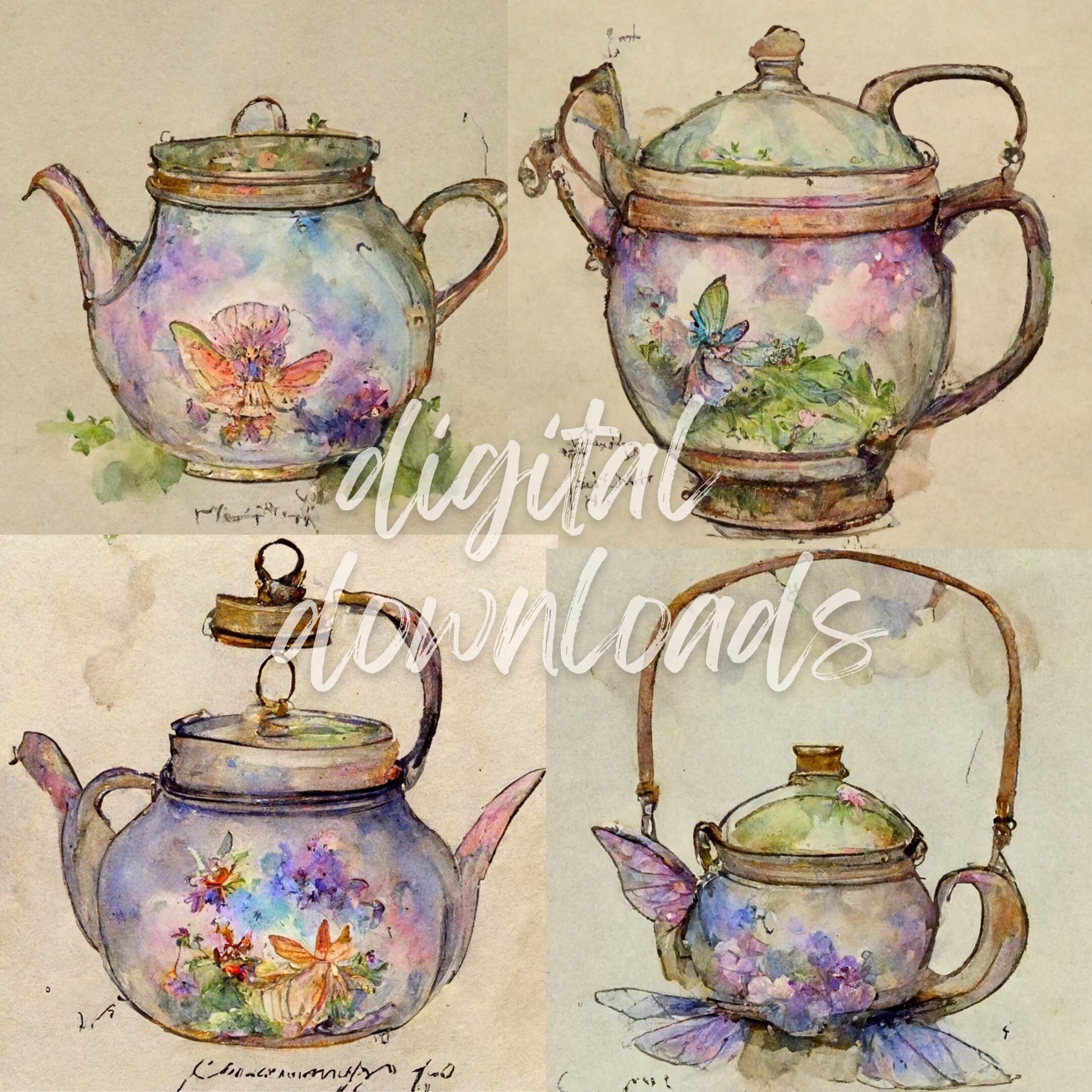 Fairy Art Teapot, Wall Art Watercolor Digital Print, Fantasy Garden Tea ...