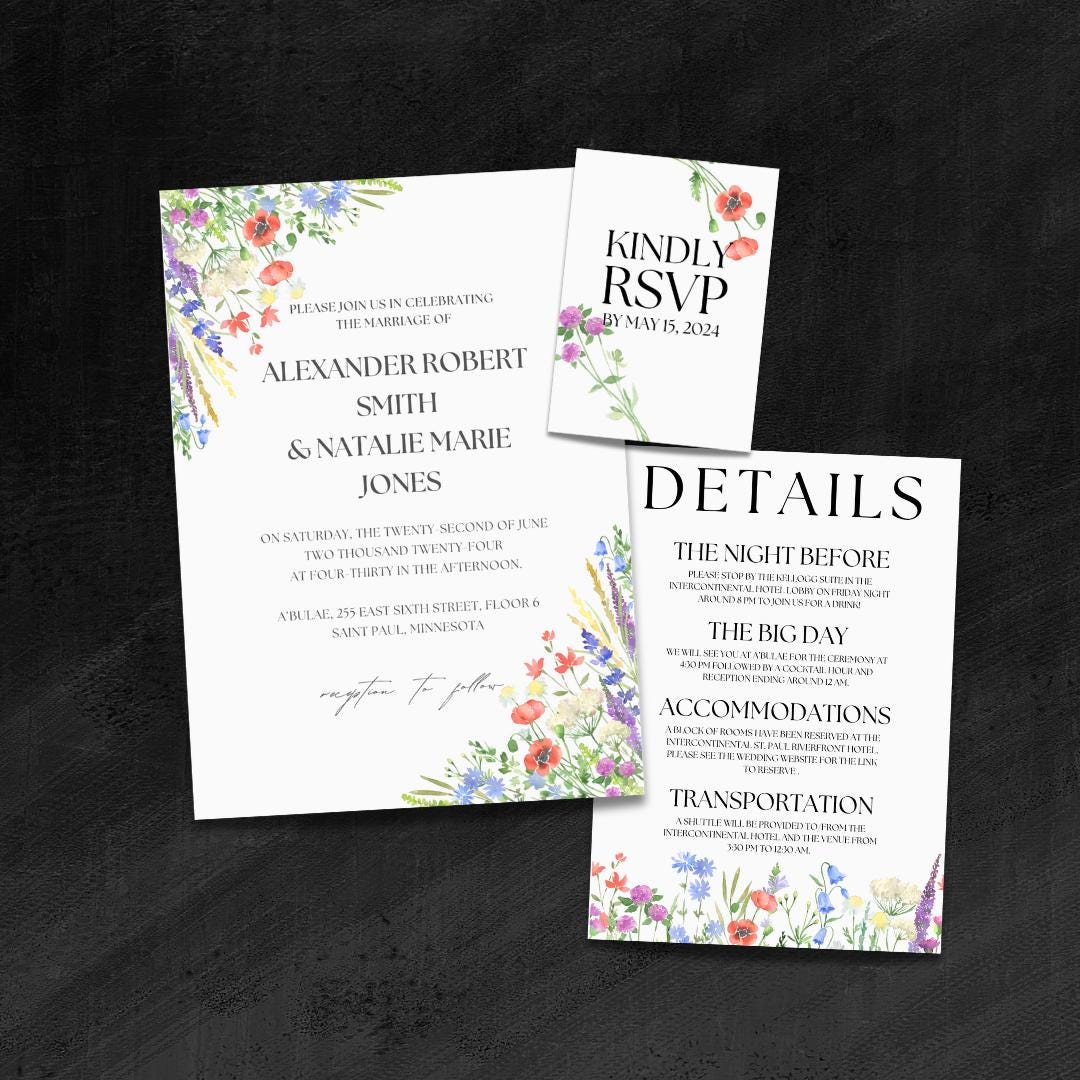 Editable Wedding Invitation Template, Detail Page, RSVP Card, Floral ...