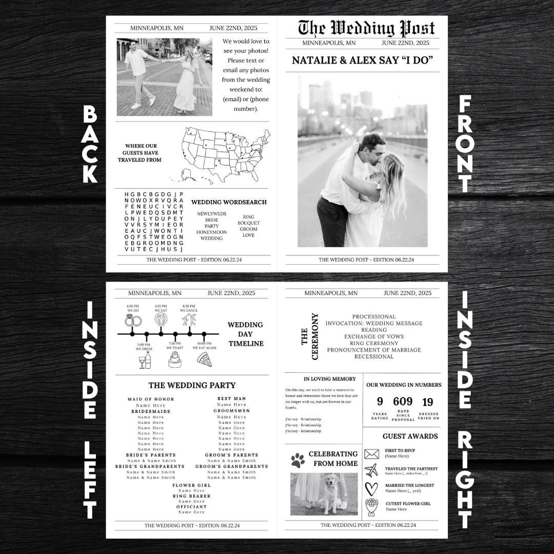Newspaper Wedding Program, Canva Customizable Template, Editable ...