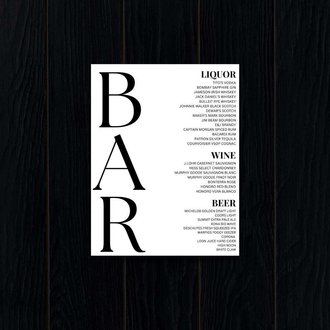 Editable Wedding Bar Signage Template, Modern, Black and White ...