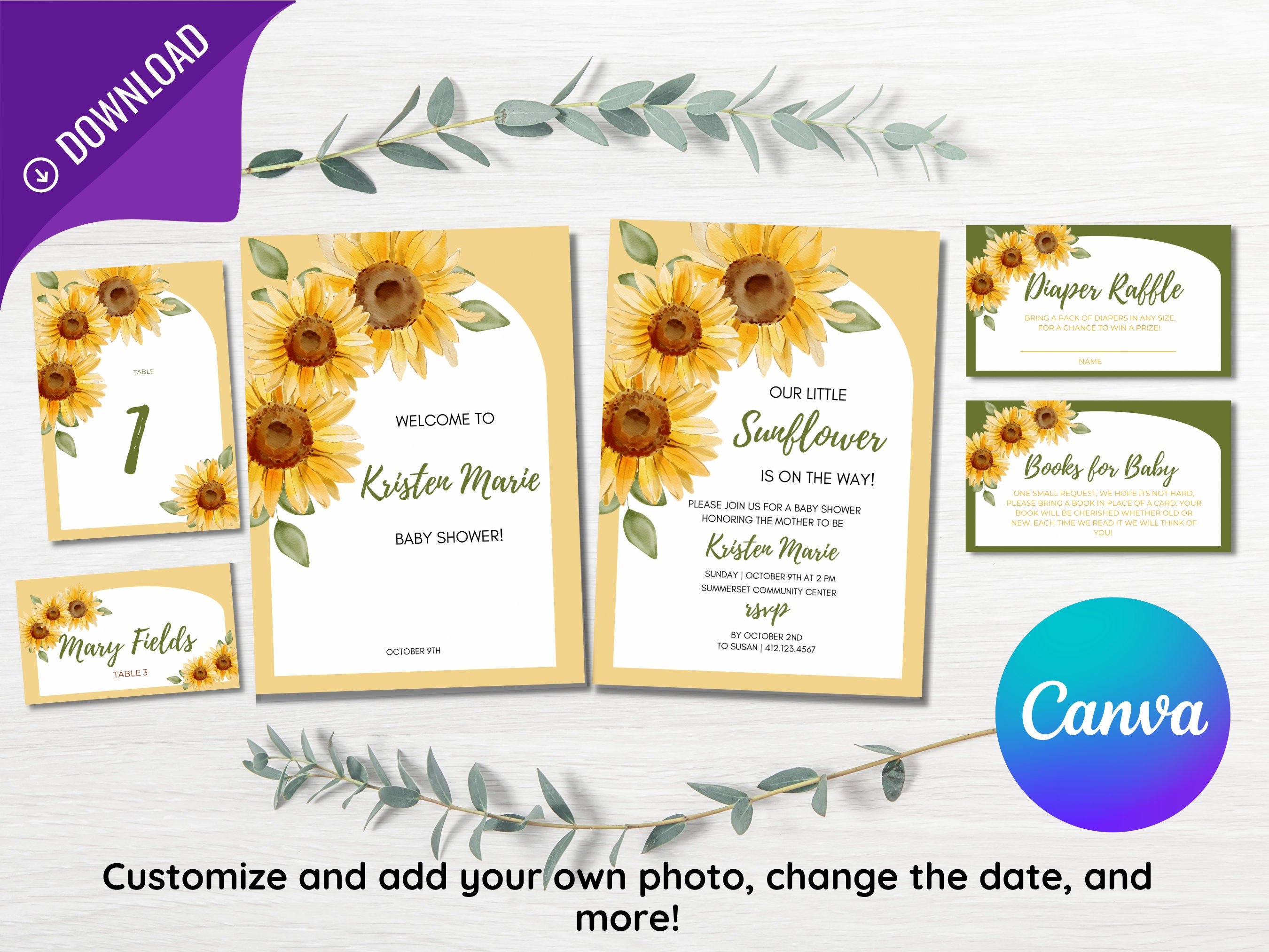 Editable Sunflower Baby Shower Invitation Bundle | Rustic Sunflower ...