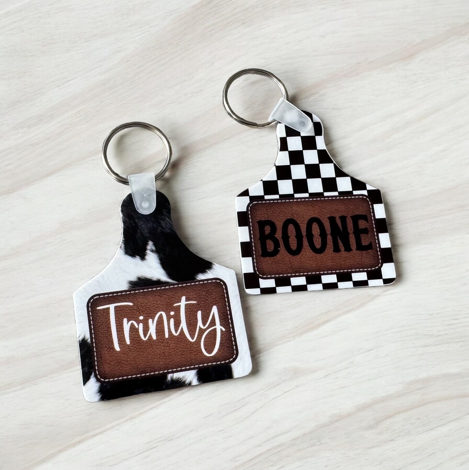 Cow Tag Personalized Keychain, Western Custom Keyring, Faux Cow Print ...