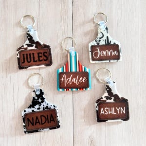 Cow Tag Personalized Keychain, Western Custom Keyring, Faux Cow Print ...