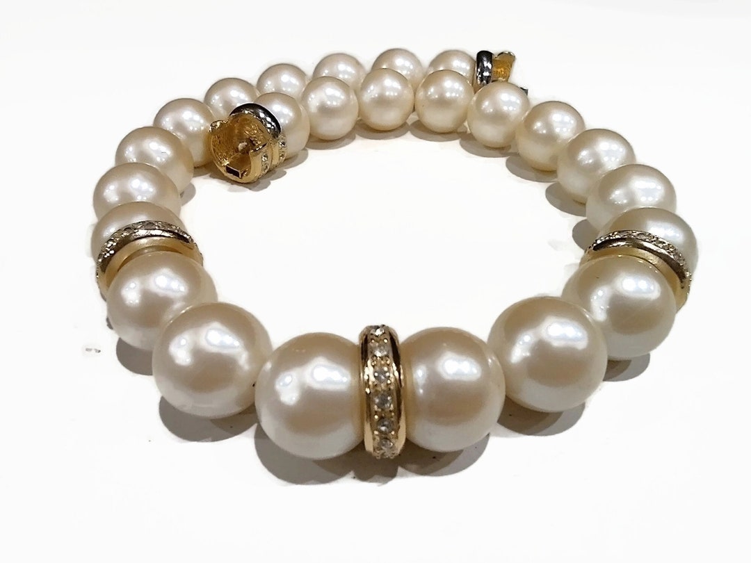 Vintage Simulated Pearls and Diamond Necklace 1960s Choker Length Gold ...