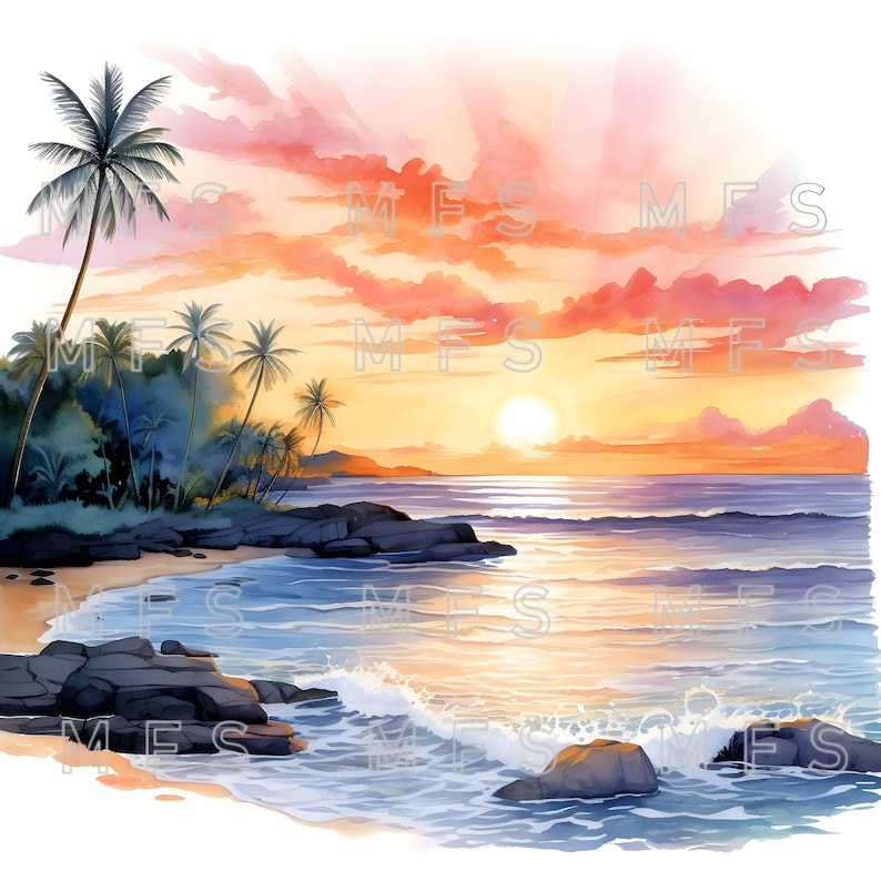 Watercolor Hawaiian Sunset Clipart, 20 High Quality Jpgs, Instant ...