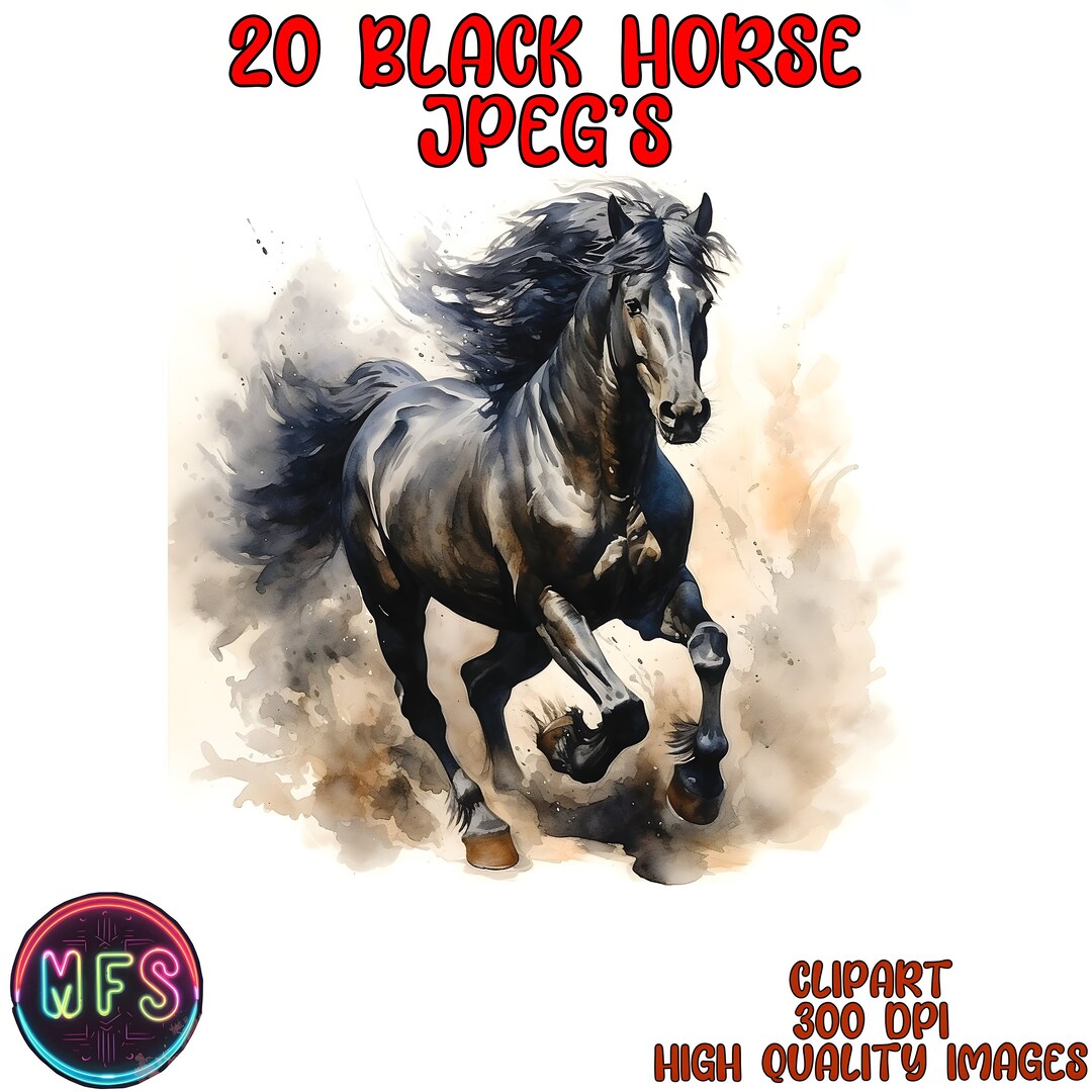 Watercolor Beautiful Black Horse Clipart, 20 High Quality Jpgs, Instant ...