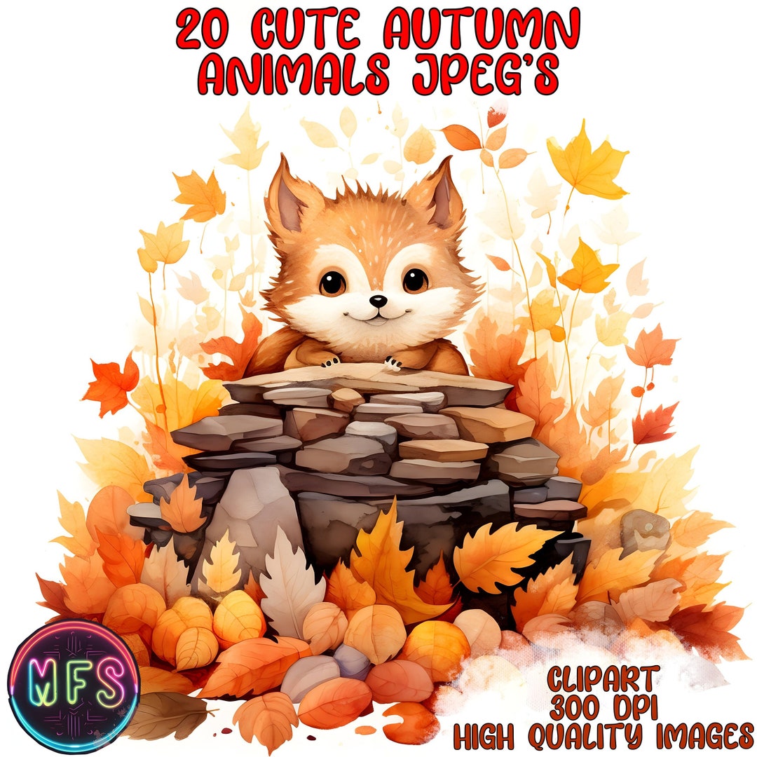 Watercolor Autumn Cute Animal Clipart, 20 High Quality JPG, Instant ...