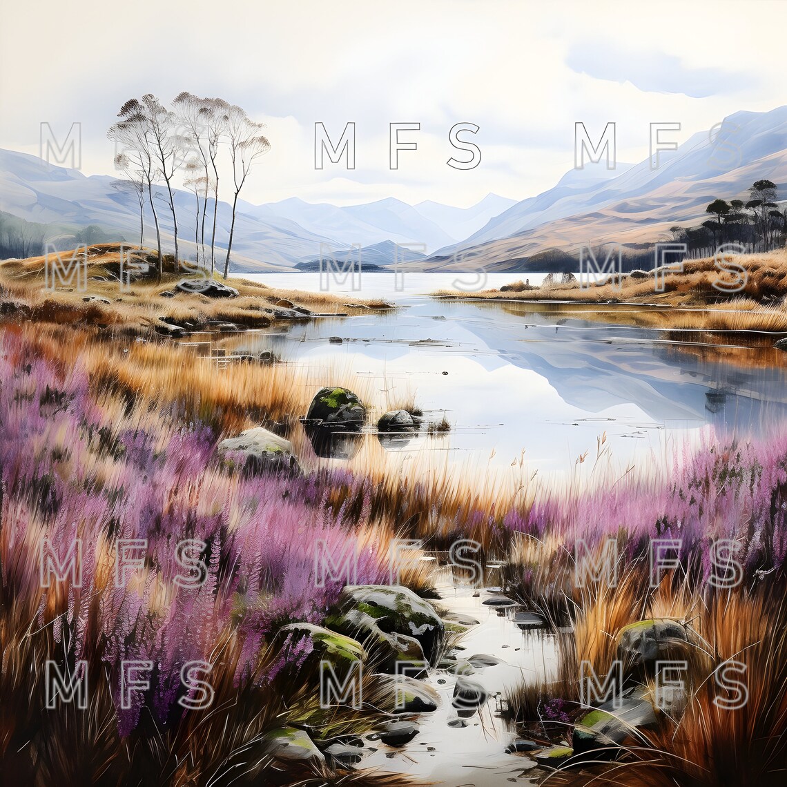 Watercolor Heather Lined Lochs Landscape Clipart, 20 High Quality Jpgs ...