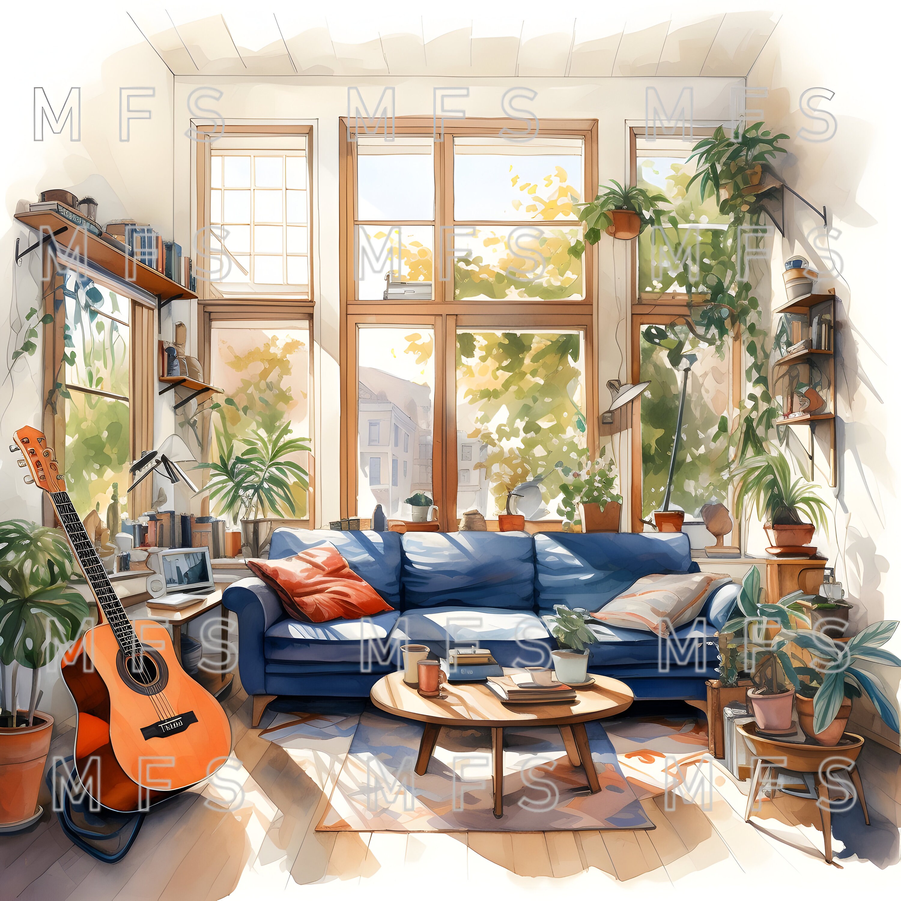 Watercolor Cozy Living Room Clipart, 20 High Quality Jpgs, Instant ...