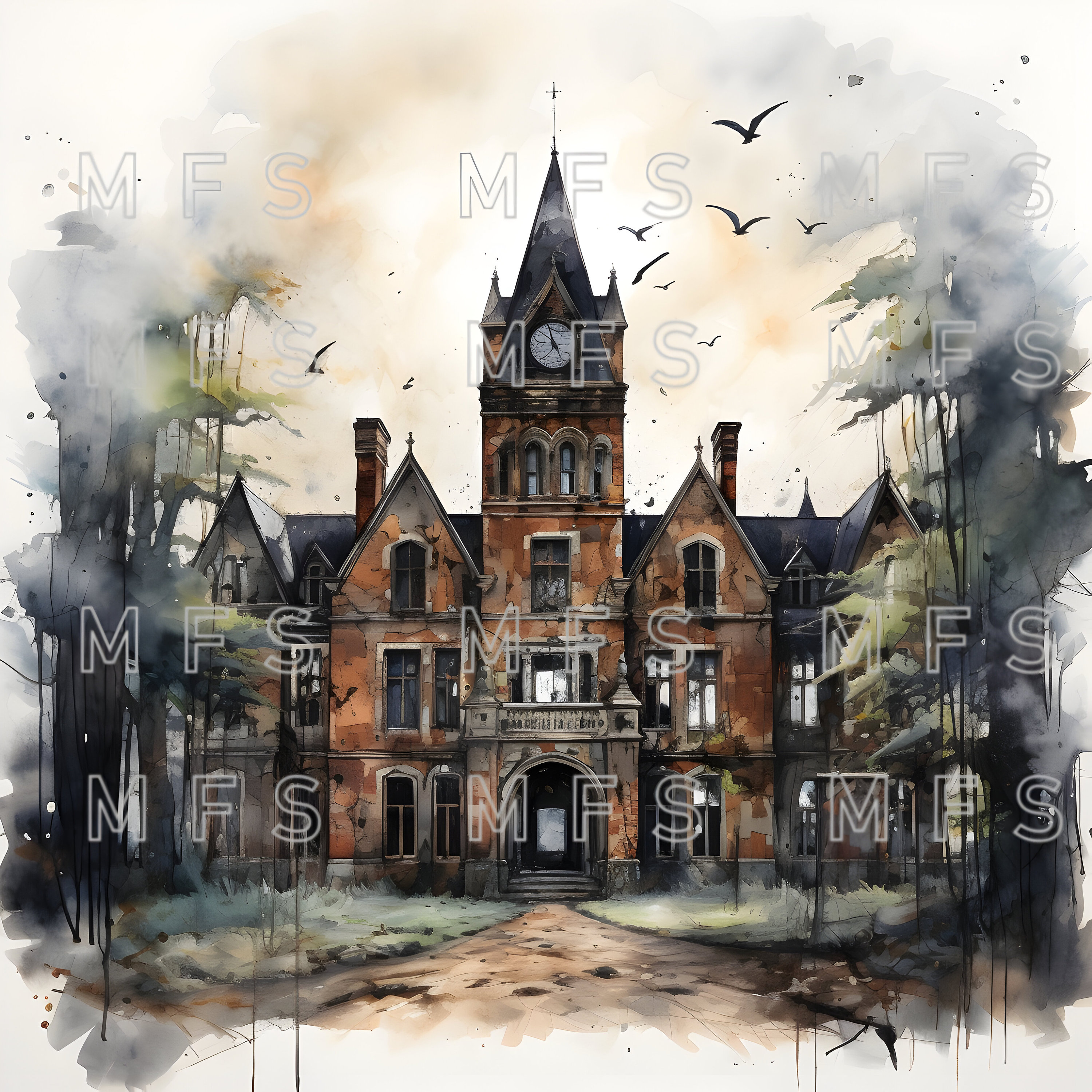 Watercolor Abandoned Asylum Clipart, 20 High Quality Jpgs, Instant ...