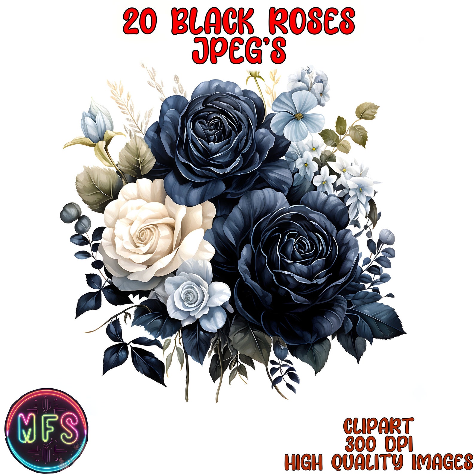 Watercolor Black Roses Clipart, 20 High Quality Jpgs, Instant Digital ...