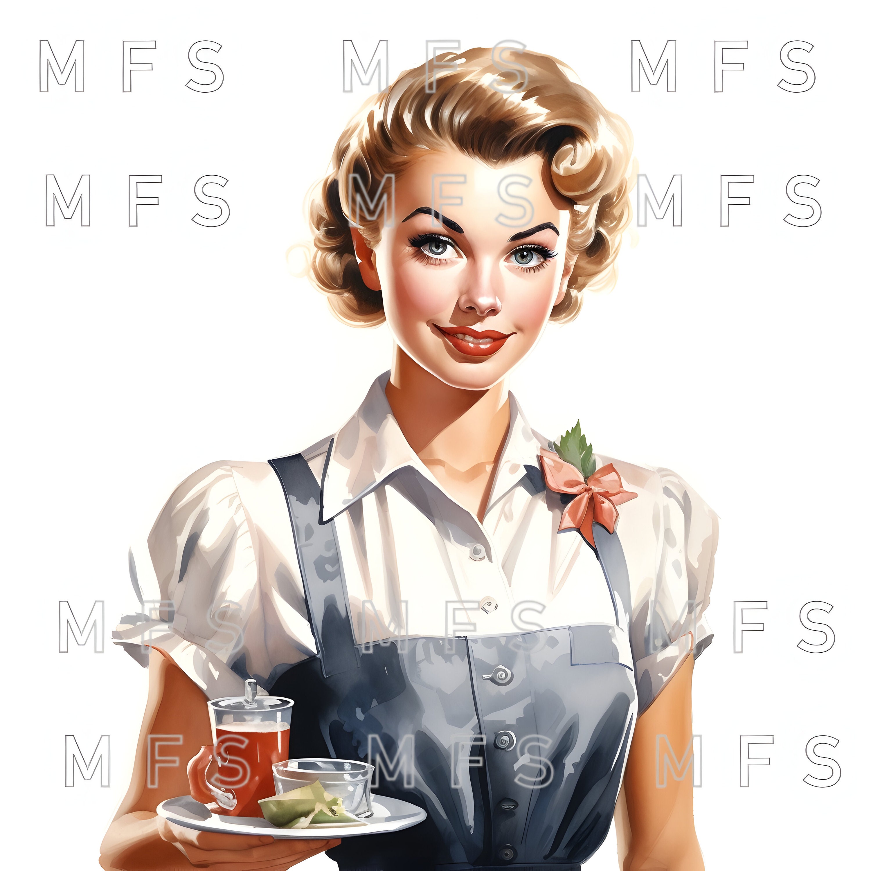 Watercolor Vintage Waiter Girl Clipart , 20 High Quality Jpgs, Instant ...