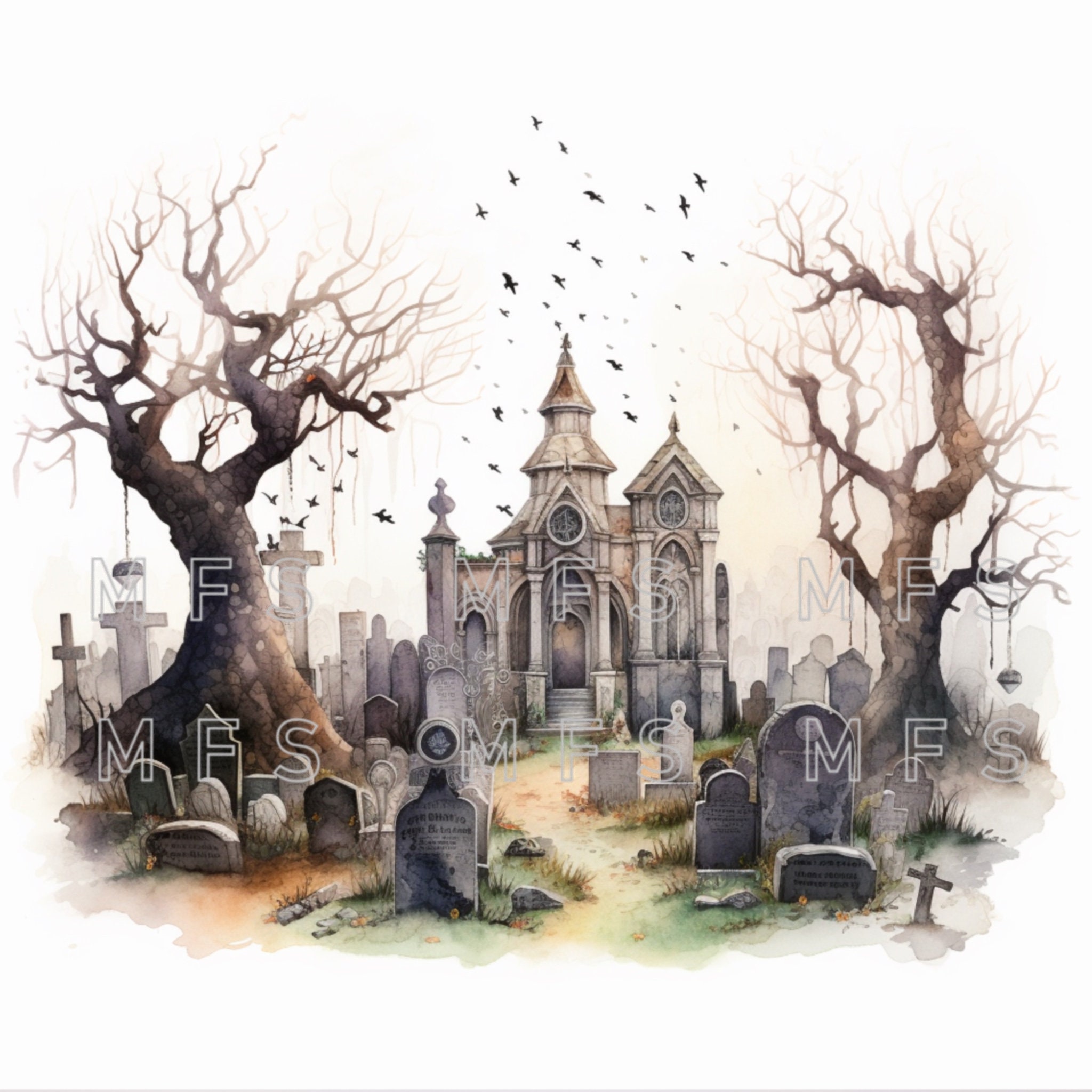 Watercolor Graveyard Clipart, 20 High Quality Jpgs, Instant Digital ...