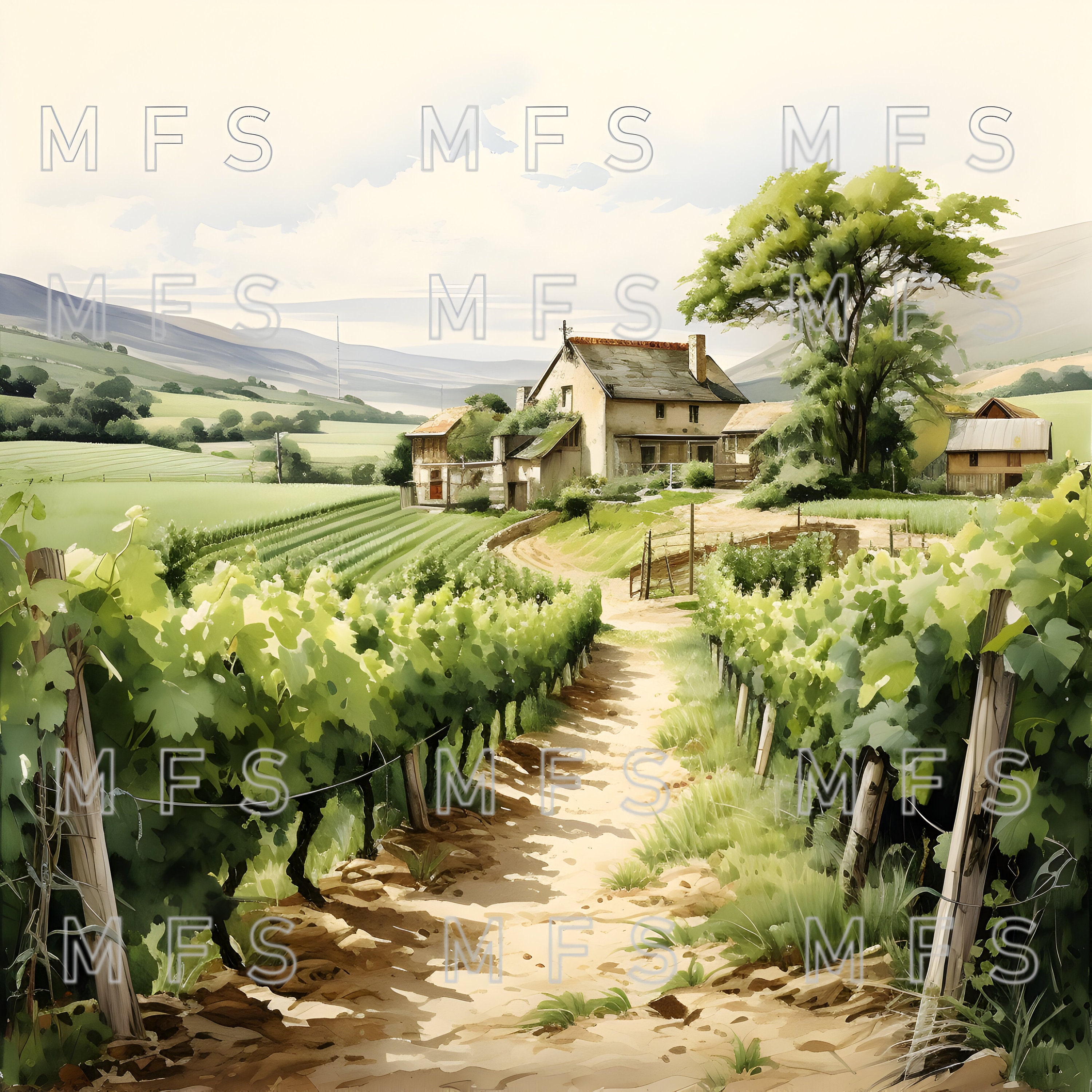 Watercolor Vineyard Landscape Clipart, 20 High Quality Jpgs, Instant ...