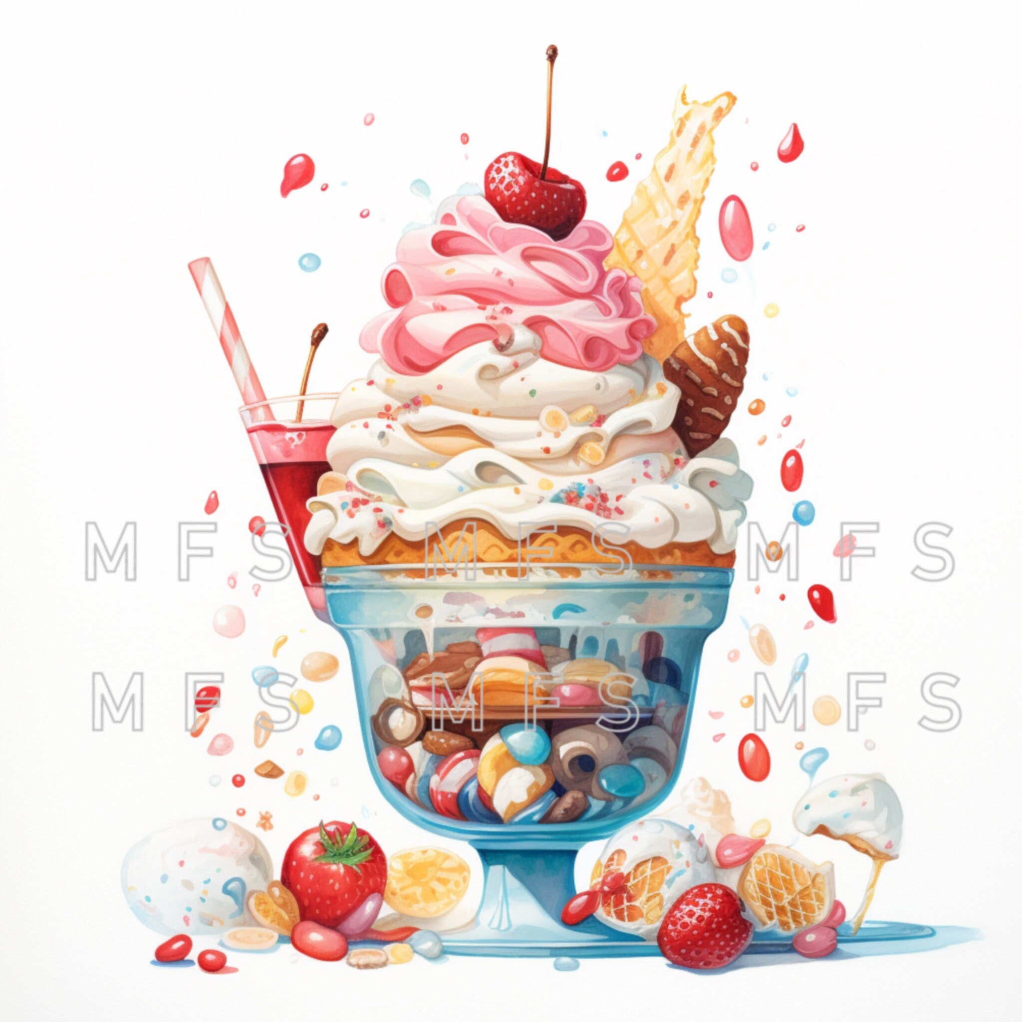 Watercolor Ice Cream Sundae Clipart 20 High Quality Jpgs - Etsy