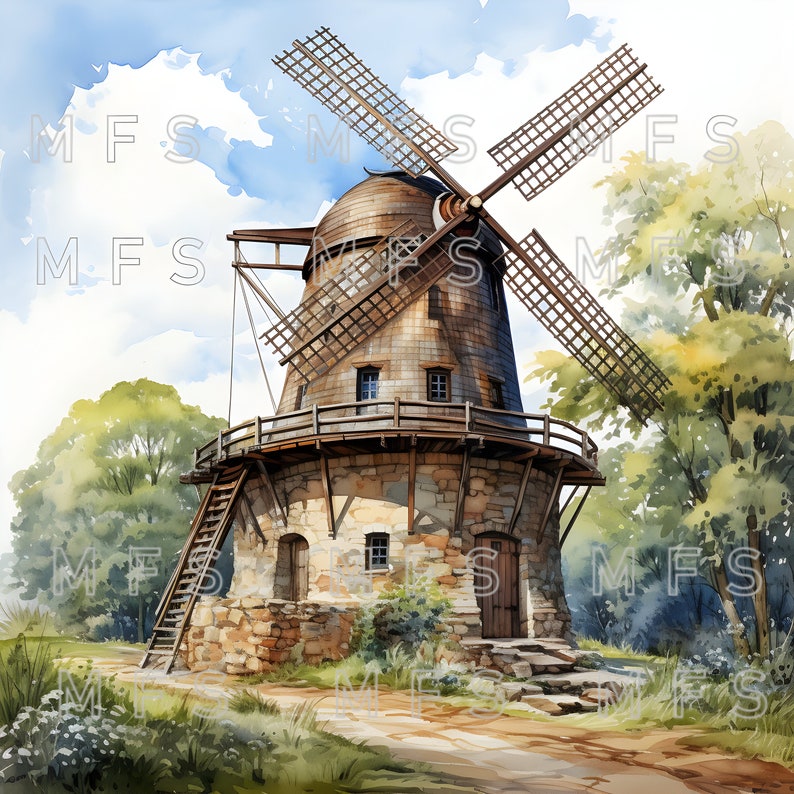 Watercolor Wind Mill Clipart, 20 High Quality Jpgs, Instant Digital ...