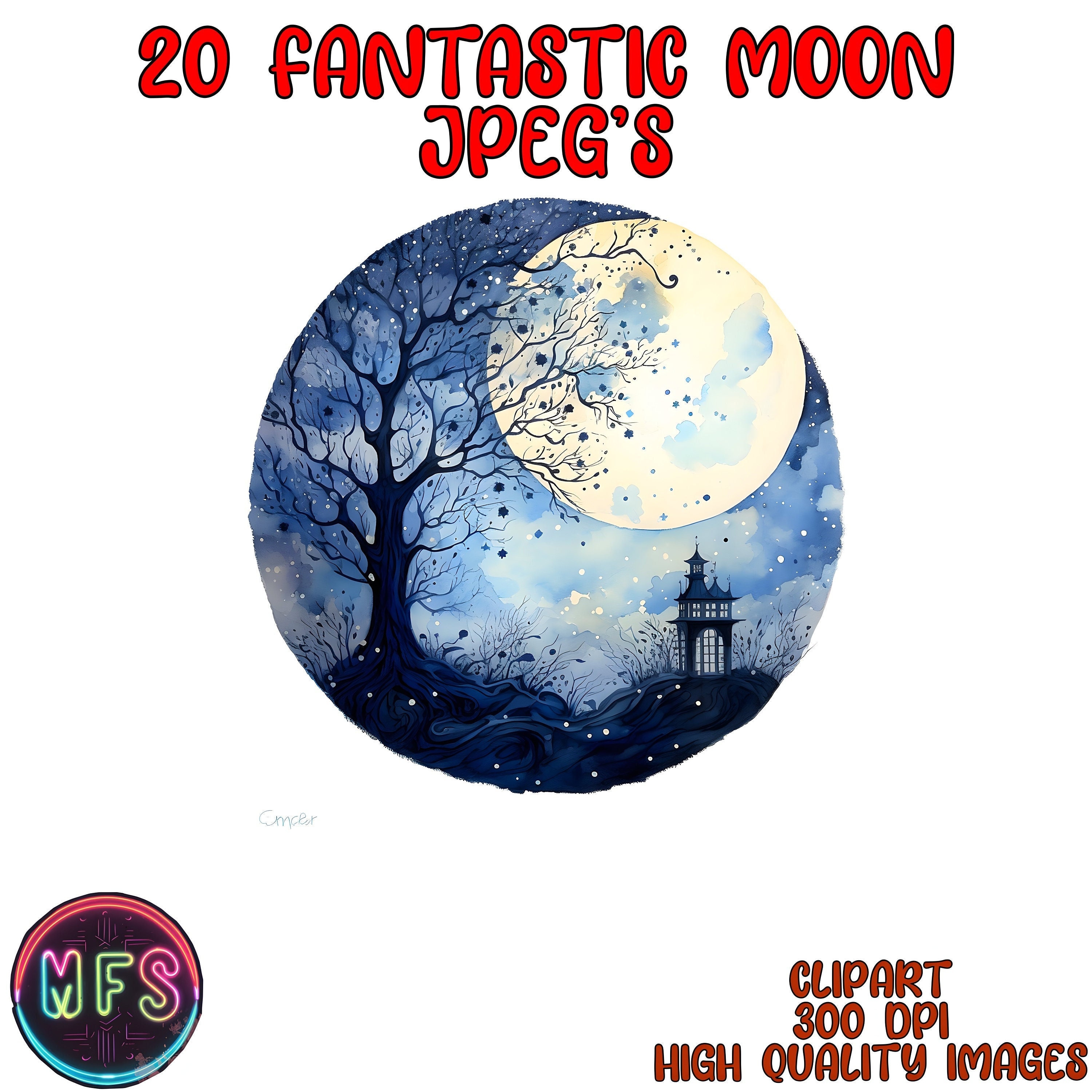 Watercolor Fantastic Moon Clipart 20 High Quality Jpgs - Etsy