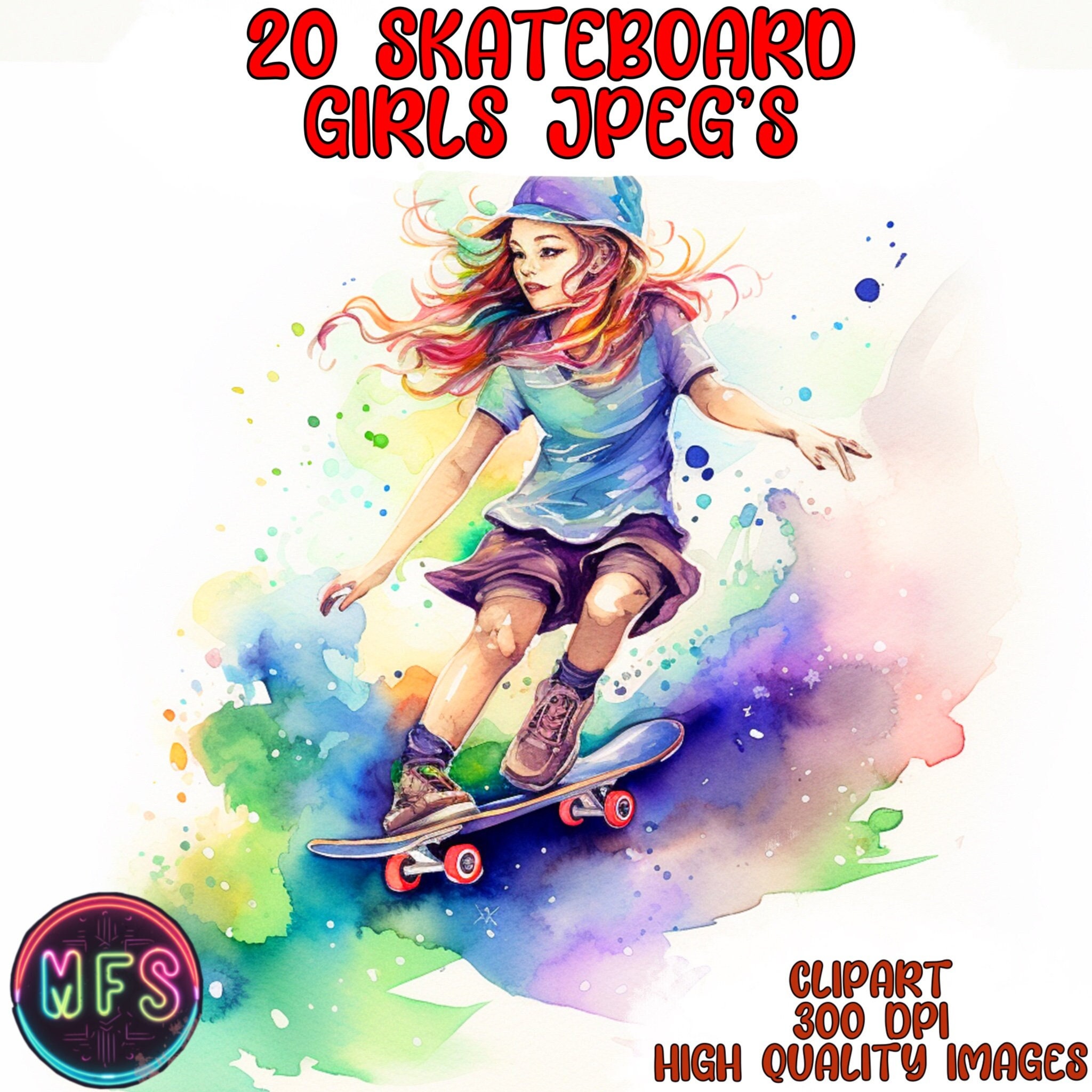 Watercolor Skateboard Girls Clipart, 20 High Quality Jpgs, Instant ...