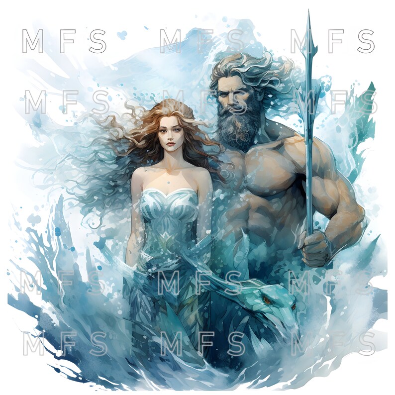 Watercolor Poseidon & Mermaid Clipart, 20 High Quality Jpgs, Instant ...