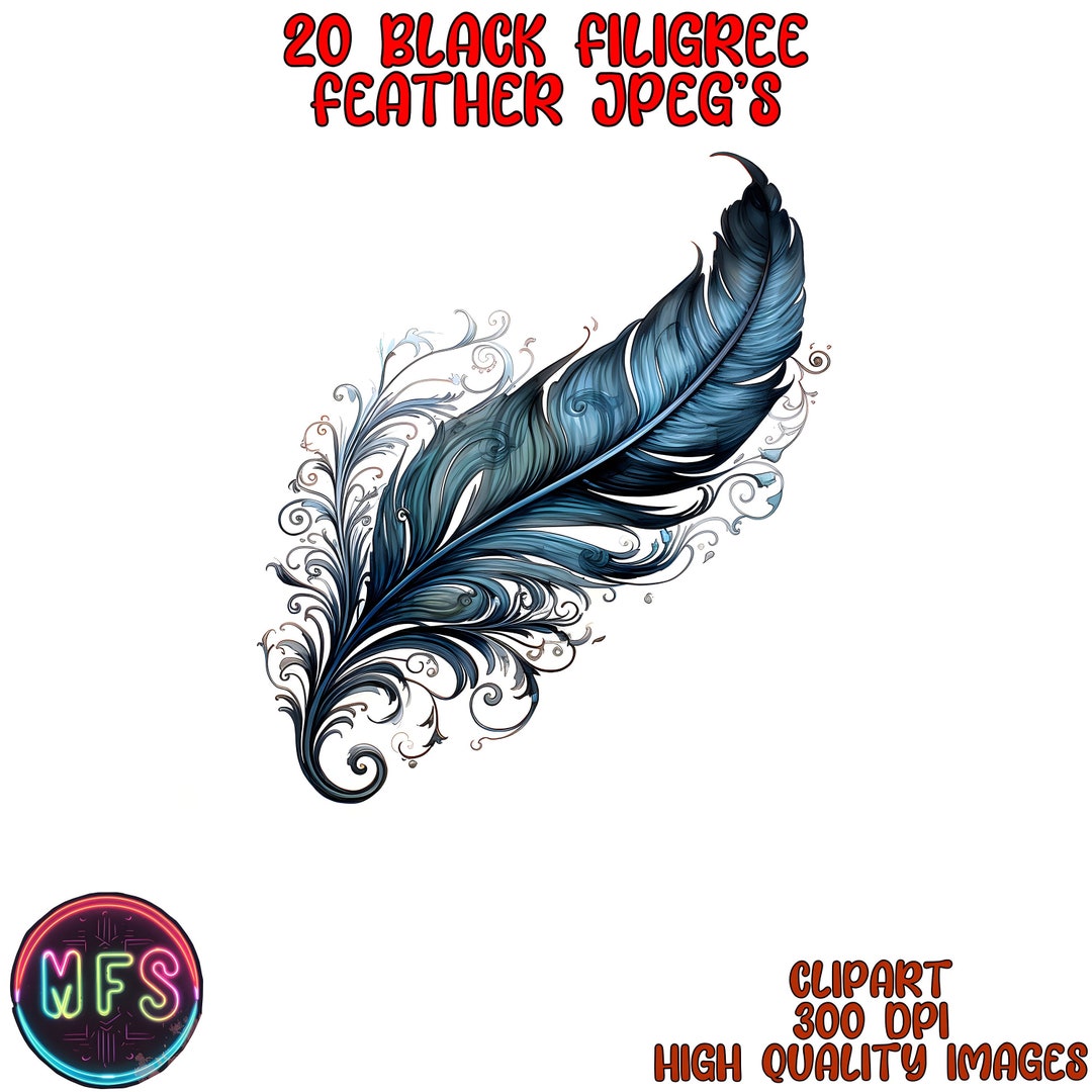 Watercolor Black Filigree Feather Clipart, 20 High Quality Jpgs ...