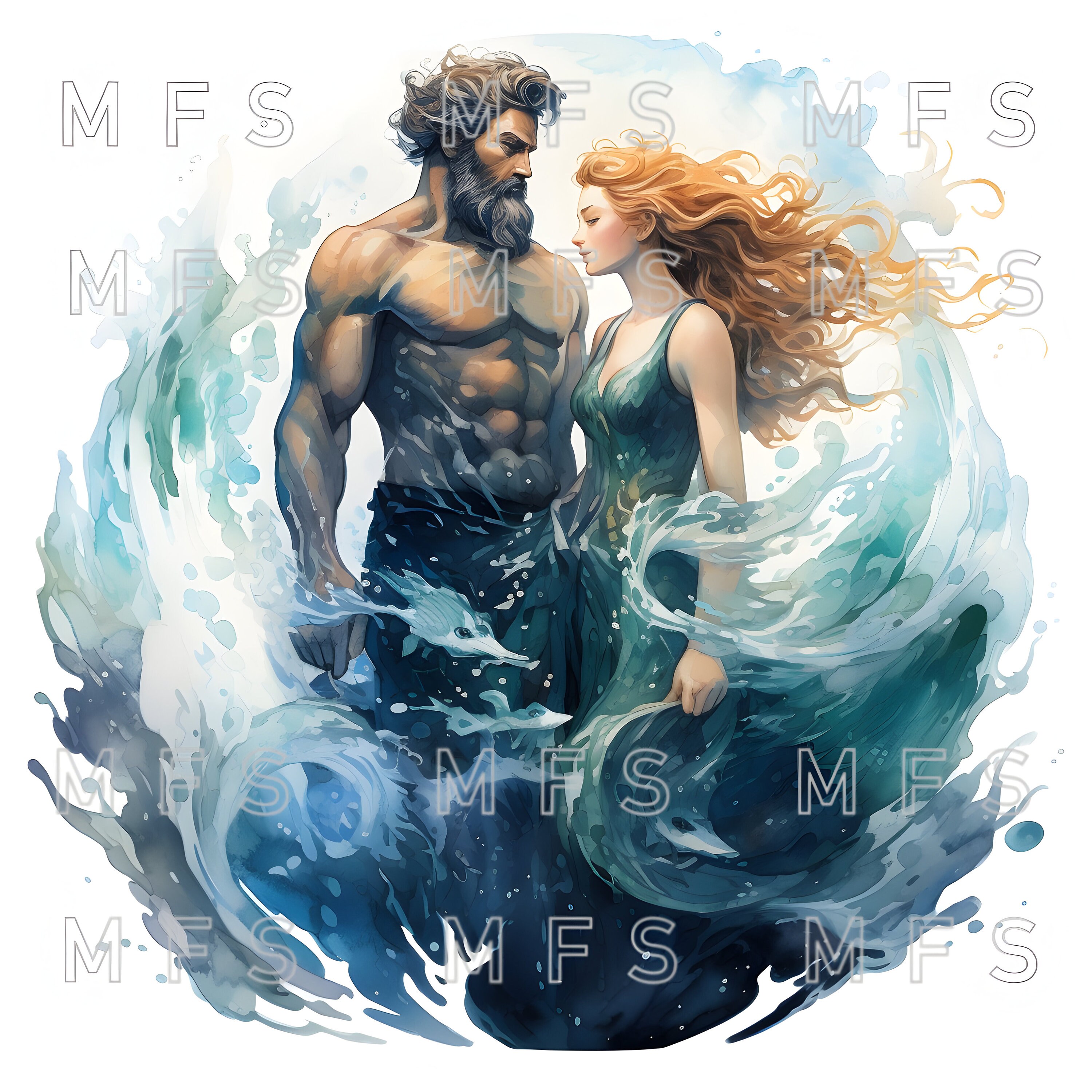 Watercolor Poseidon & Mermaid Clipart, 20 High Quality Jpgs, Instant ...