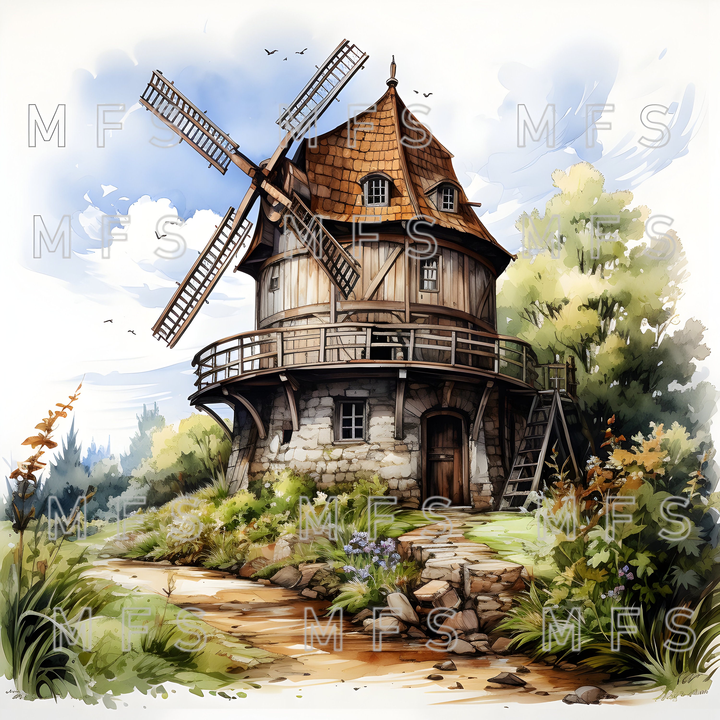 Watercolor Wind Mill Clipart, 20 High Quality Jpgs, Instant Digital ...